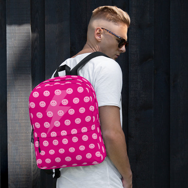 Preppy Pink Smiley Face Lightning Bolt Backpack