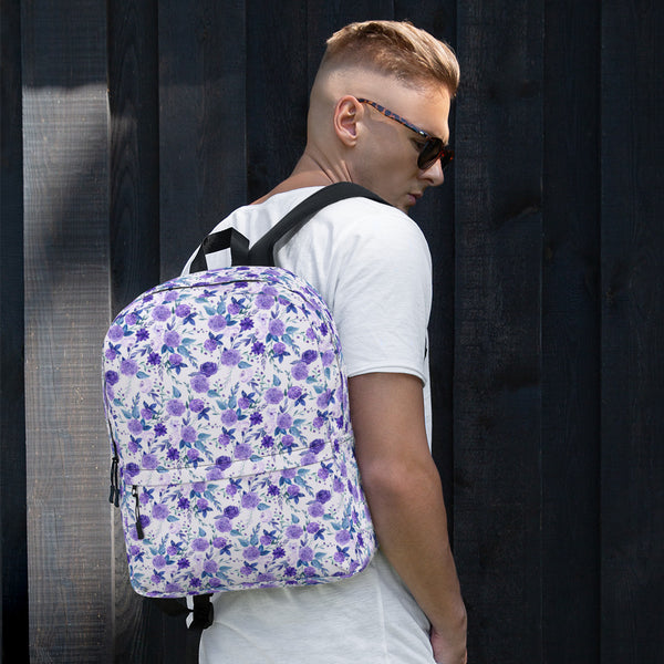 Preppy Purple Floral White Backpack for Women
